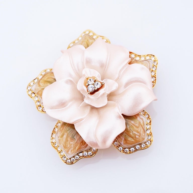 Pastel Peach Layered Flower Brooch With Enamel and Rhinestones By Nolan ...