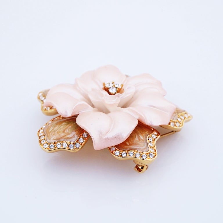 Pastel Peach Layered Flower Brooch With Enamel and Rhinestones By Nolan ...