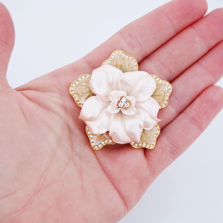 Pastel Peach Layered Flower Brooch With Enamel and Rhinestones By Nolan ...