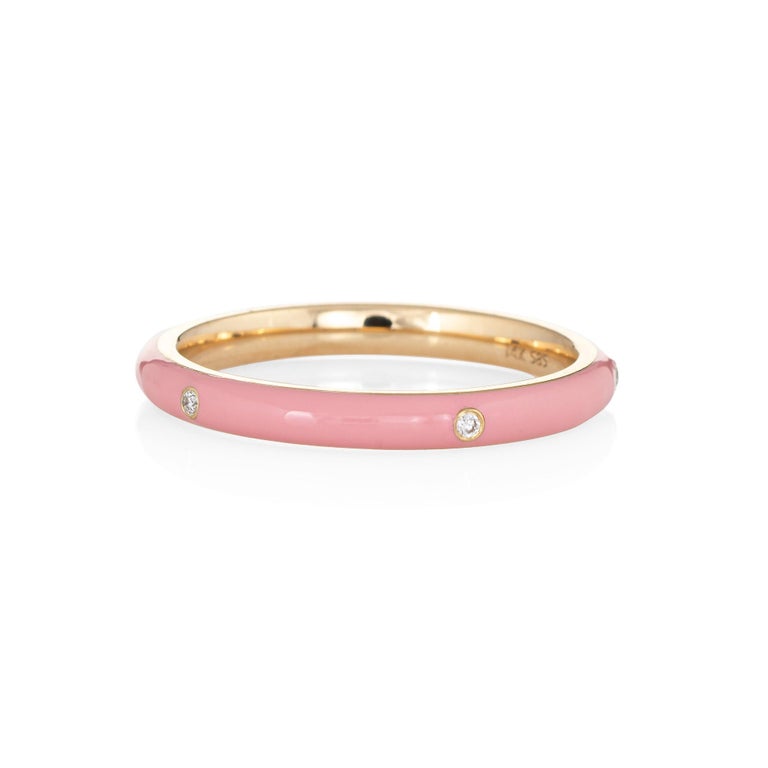 Pastel Pink Enamel Diamond Ring 14k Yellow Gold Stacking Band Jewelry ...