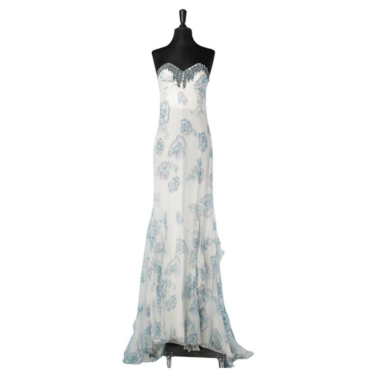 Pastel printed evening bustier dress with rhinestone embellishement ...