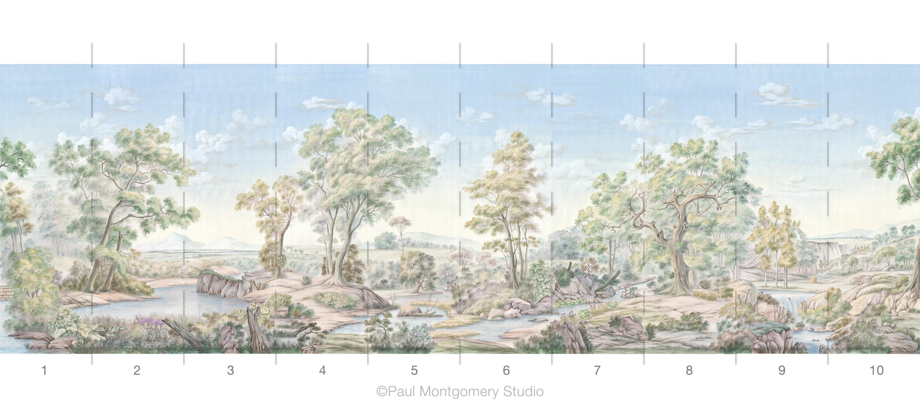 Pastorale Watercolor Panoramic Wallpaper Mural For Sale at 1stDibs