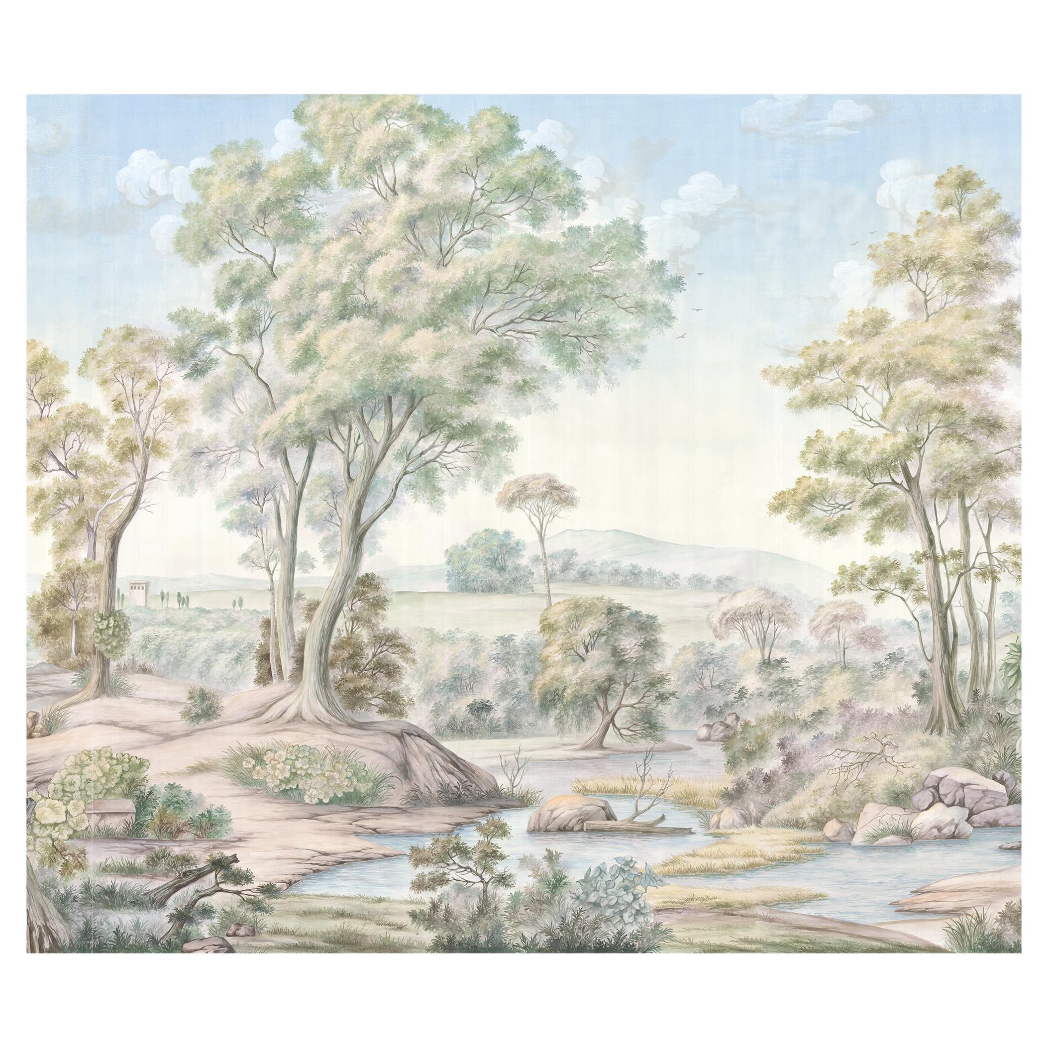 Pastorale Watercolor Panoramic Wallpaper Mural For Sale at 1stDibs