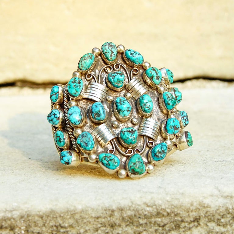 Pat Platero HUGE Navajo Sterling Silver Turquoise Cluster Cuff Bracelet ...