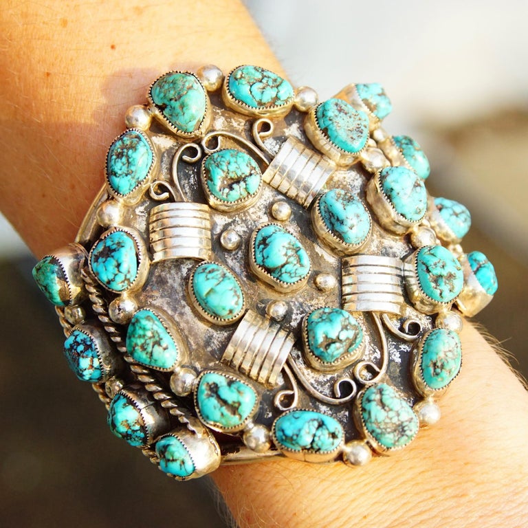 Pat Platero HUGE Navajo Sterling Silver Turquoise Cluster Cuff Bracelet ...
