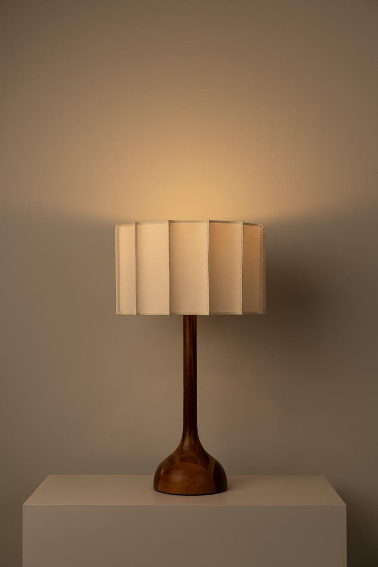 Pata de Elefante Table Lamp M w/Turned Parota Wood, Fluted Linen Shade ...