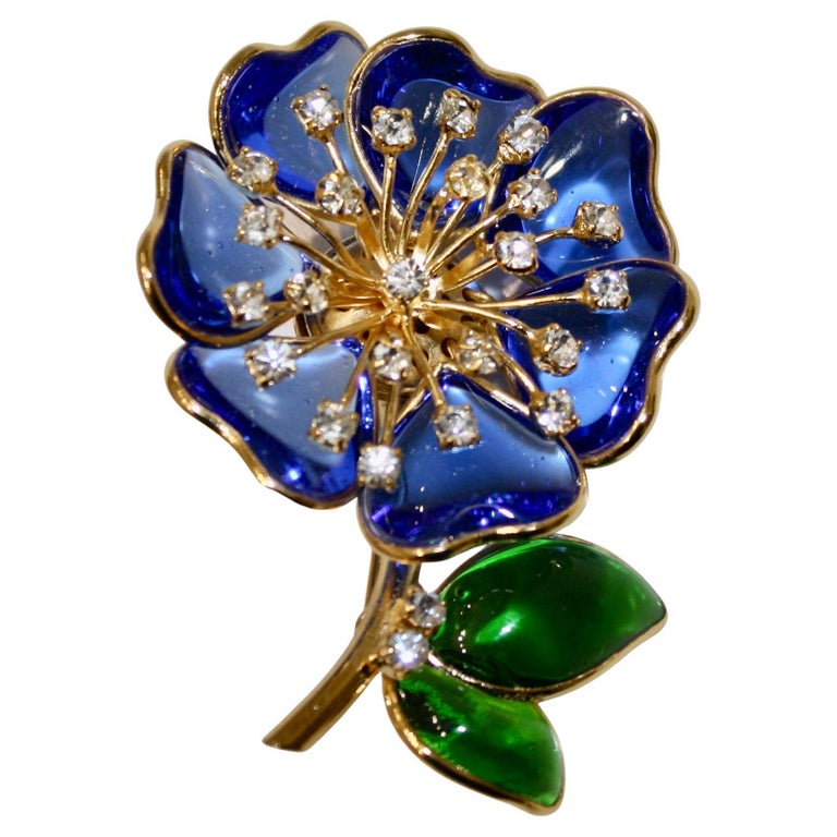 Pate de Verre Blue Flower Brooch at 1stDibs