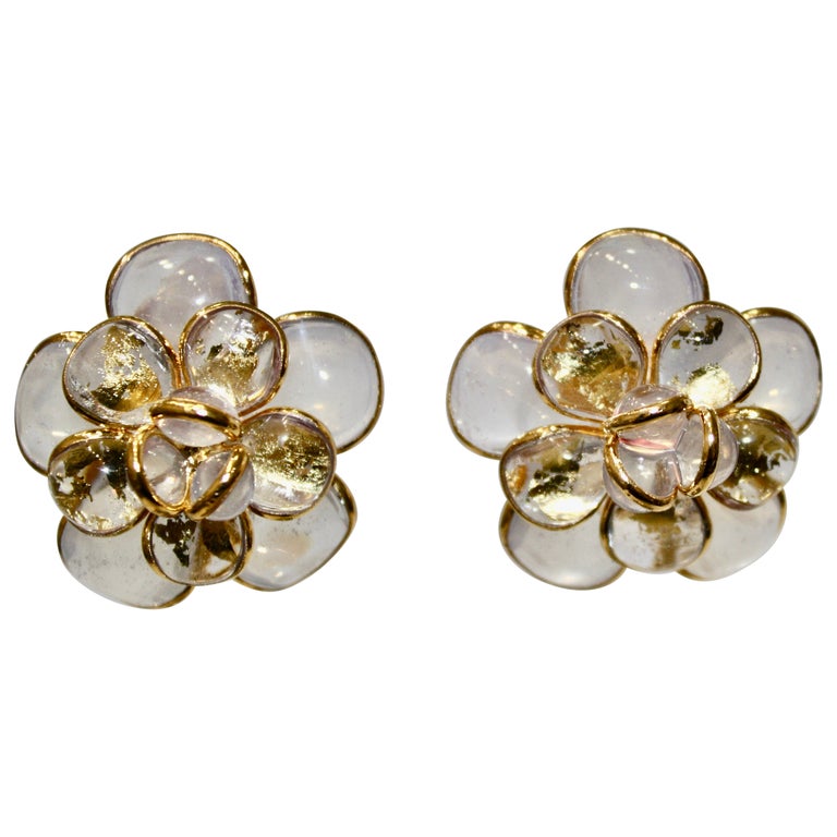 Pate de Verre Clear and Gold Camelia Earrings For Sale at 1stDibs