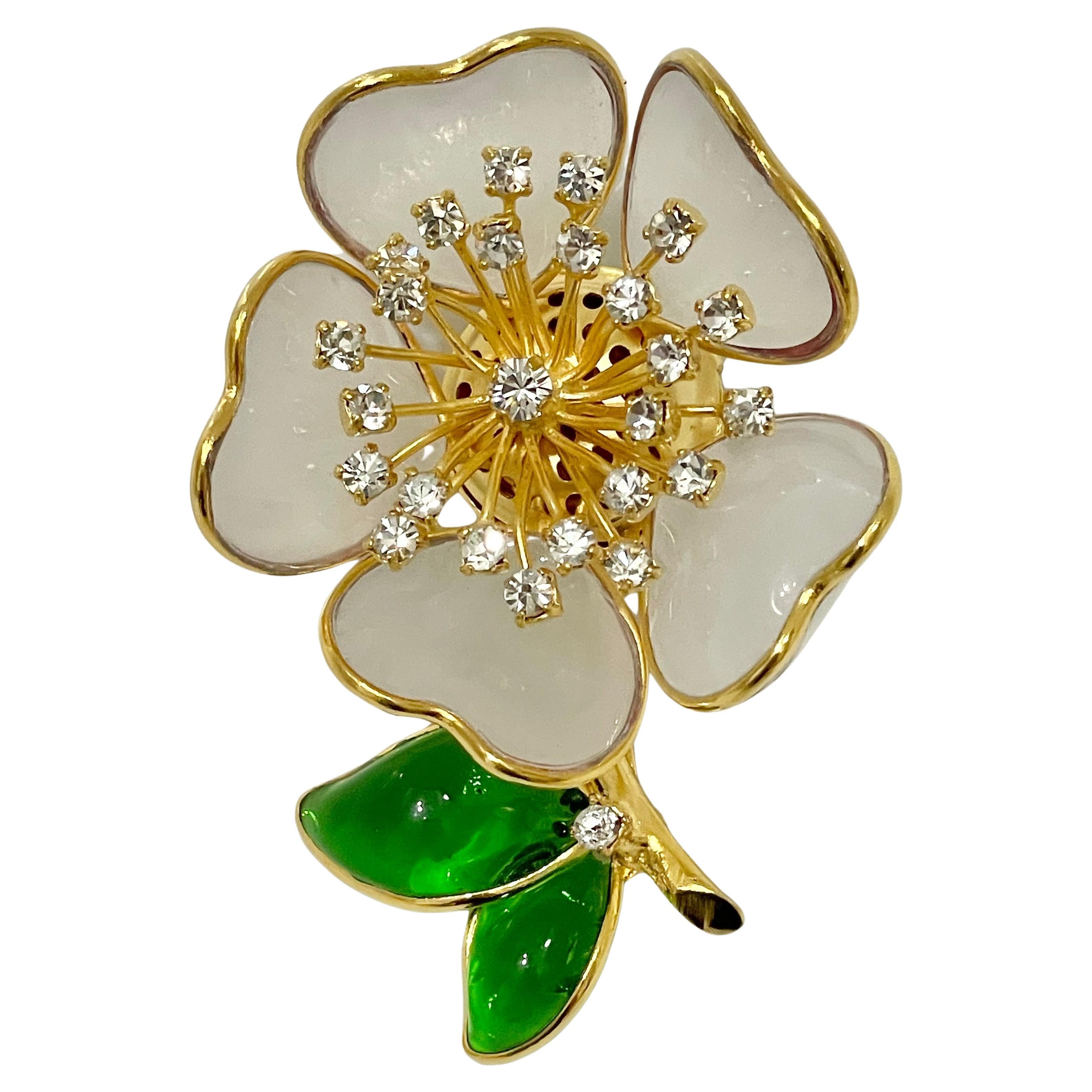 Pate De Verre Pink and Green Flower Brooch at 1stDibs