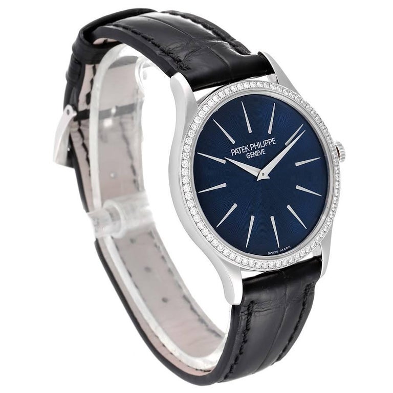 Patek Philippe Calatrava White Gold Blue Dial Diamond Ladies Watch 4896 ...
