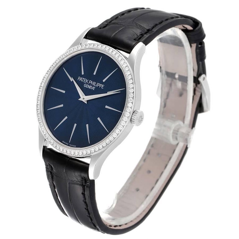 Patek Philippe Calatrava White Gold Blue Dial Diamond Ladies Watch 4896 ...