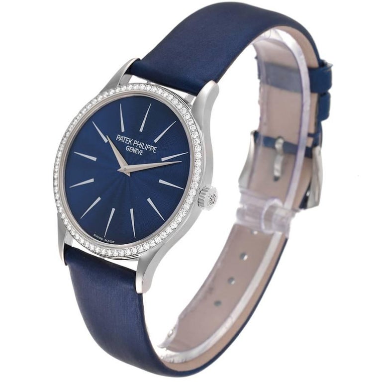 Patek Philippe Calatrava White Gold Blue Dial Diamond Ladies Watch 4896 ...