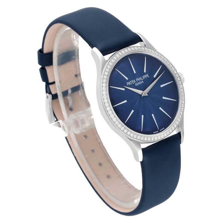 Patek Philippe Calatrava White Gold Blue Dial Diamond Ladies Watch 4897 ...