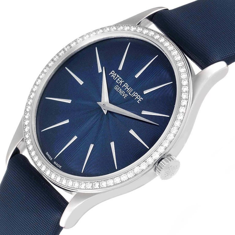 Patek Philippe Calatrava White Gold Blue Dial Diamond Ladies Watch 4897 ...