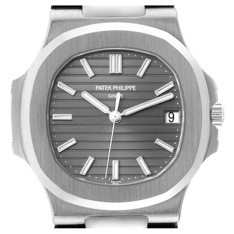Patek Philippe Nautilus 18K White Gold Black Strap Mens Watch 5711 Box ...