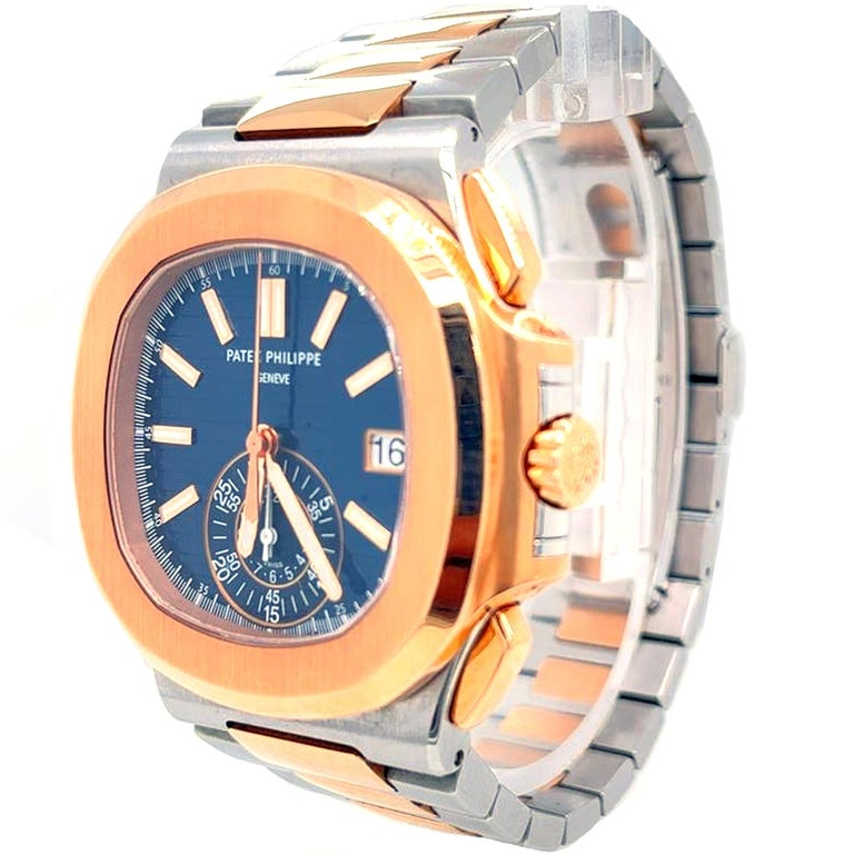 Patek Philippe Nautilus Rose Gold Stainless Steel Blue Dial Mens Watch ...