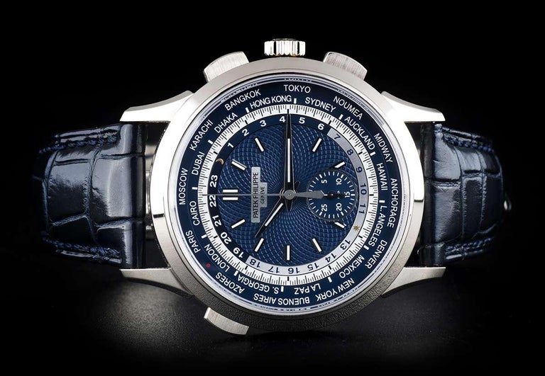 Patek Philippe White Gold Blue Opaline Dial World Time Chronograph ...