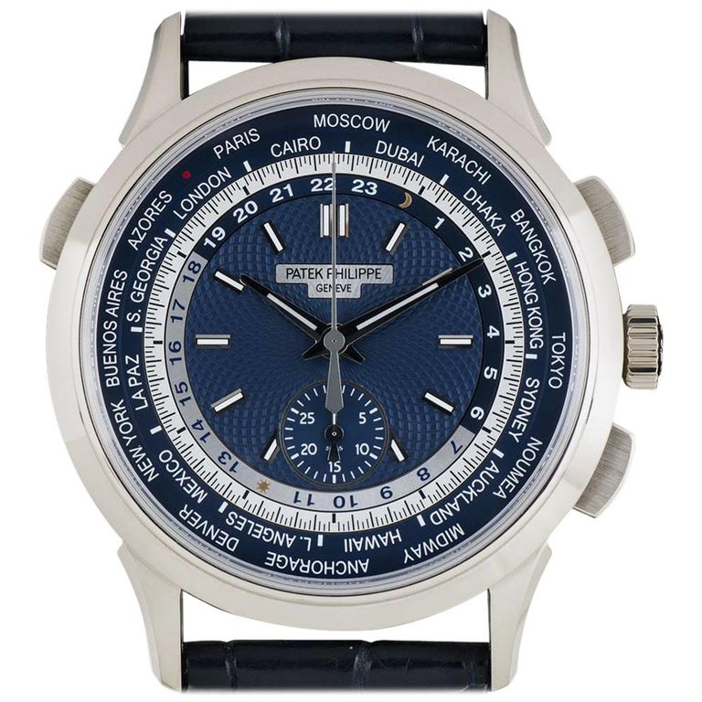 Patek Philippe White Gold Blue Opaline Dial World Time Chronograph ...