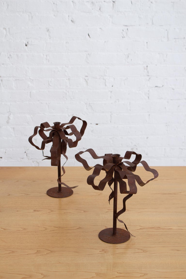 Patinaed Ribbon Bow Candlesticks, a Pair For Sale at 1stDibs