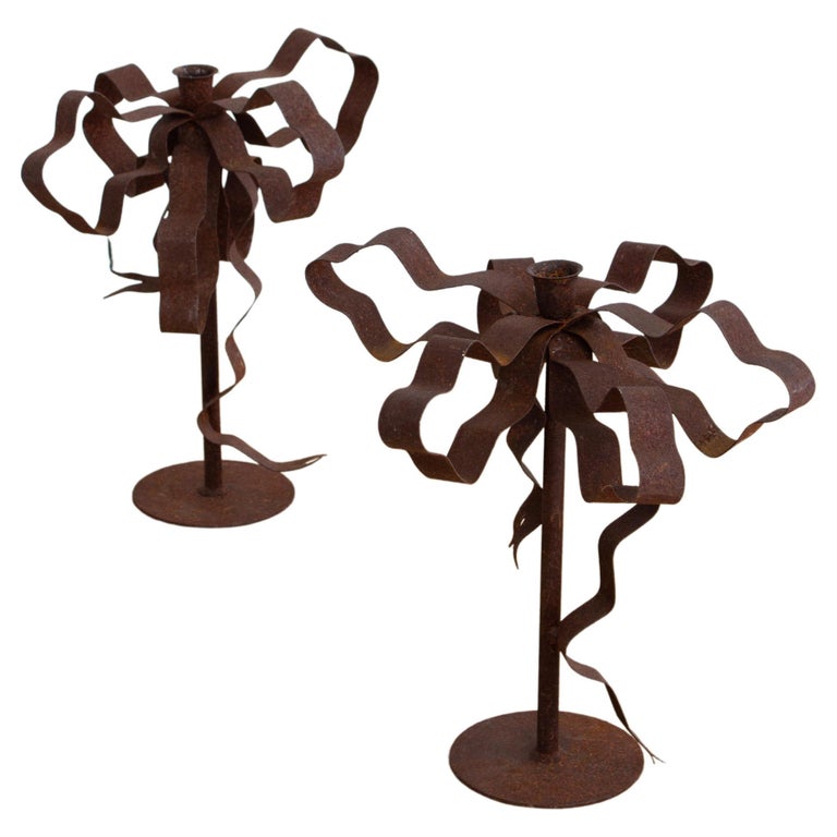 Patinaed Ribbon Bow Candlesticks, a Pair For Sale at 1stDibs