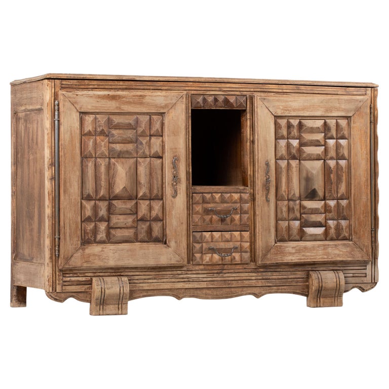 Patinated Art Deco Solid Oak Sideboard, France, 1940s For Sale at 1stDibs