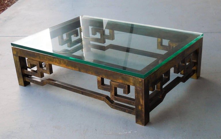 Patinated Brass Low Coffee Table with Greek Key Design, Laverne Style ...