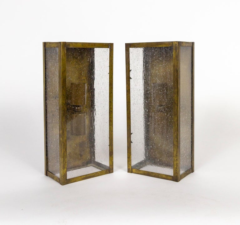 Patinated Brass Rectangle Box Sconces with Seeded Glass 'Pair' For Sale ...