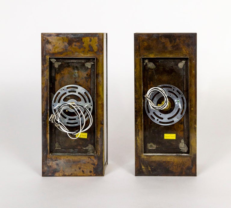 Patinated Brass Rectangle Box Sconces with Seeded Glass 'Pair' For Sale ...