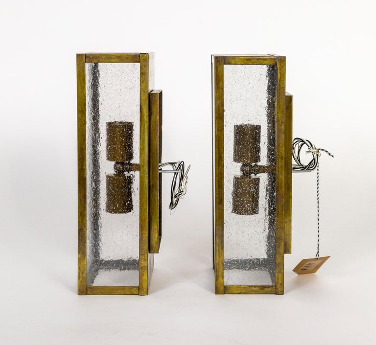 Patinated Brass Rectangle Box Sconces with Seeded Glass 'Pair' For Sale ...