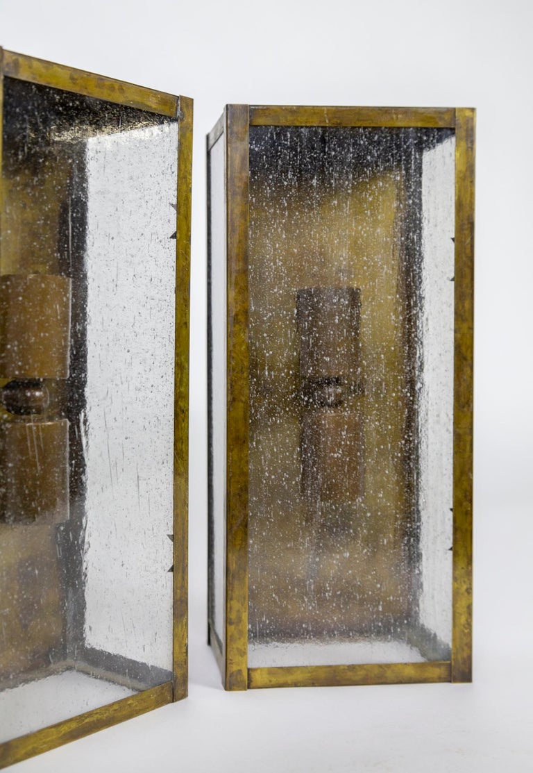 Patinated Brass Rectangle Box Sconces with Seeded Glass 'Pair' For Sale ...
