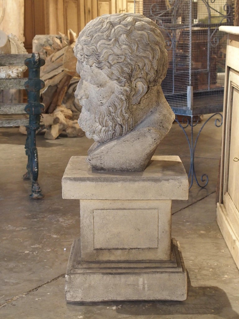 Patinated Cast Stone Bust of Hercules on Short Pedestal Base For Sale ...