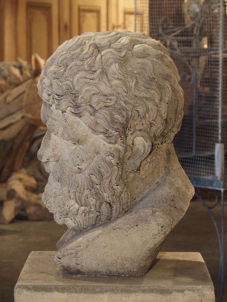 Patinated Cast Stone Bust of Hercules on Short Pedestal Base at 1stDibs
