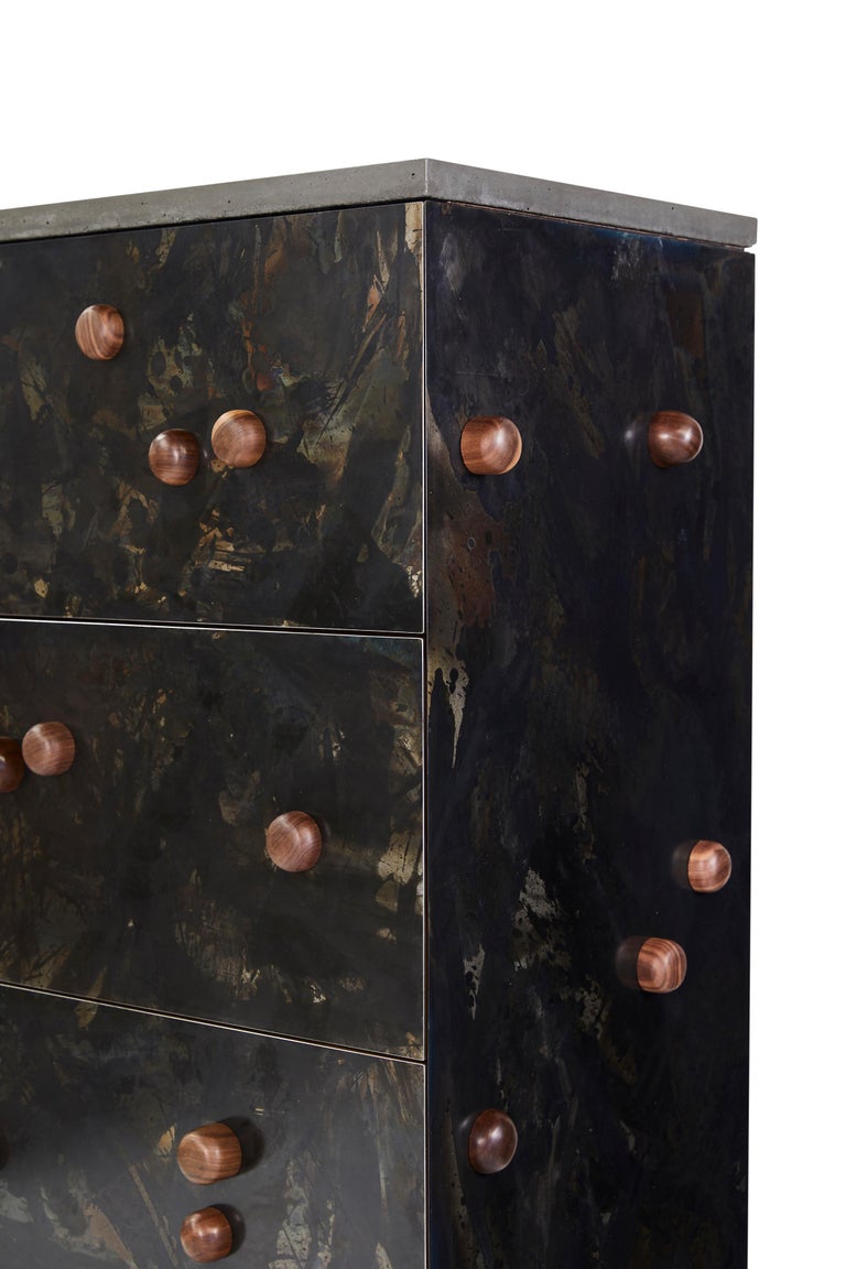 Patinated Steel Veneer "Highboy with Protrusions" in Walnut with ...