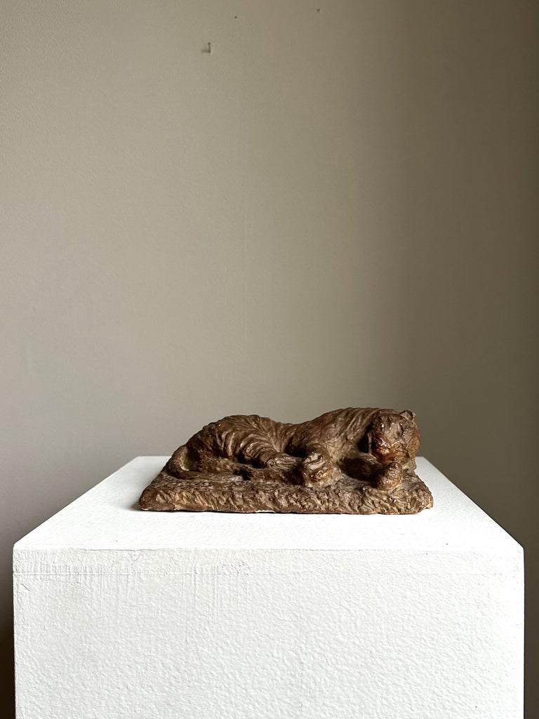 Patinated Plaster Sculpture of Resting Tiger, Signed Frisendahl, Paris ...