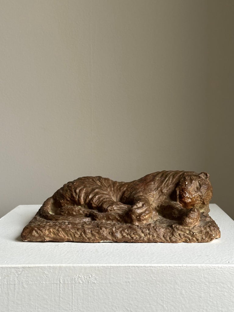 Patinated Plaster Sculpture of Resting Tiger, Signed Frisendahl, Paris ...