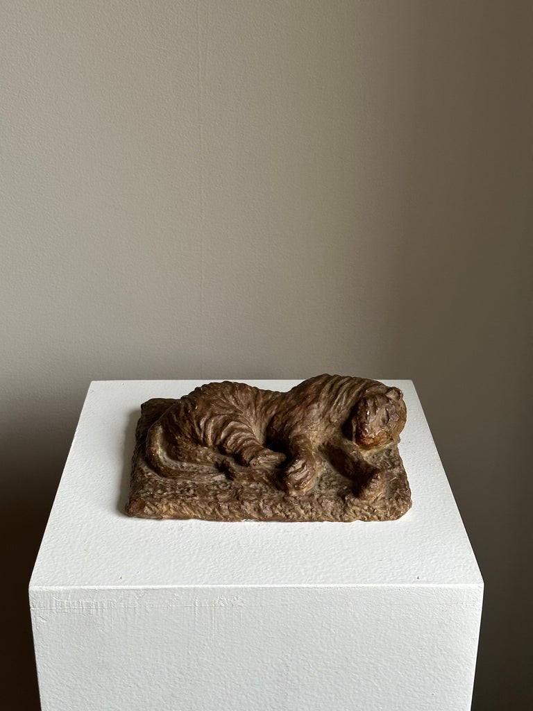 Patinated Plaster Sculpture of Resting Tiger, Signed Frisendahl, Paris ...