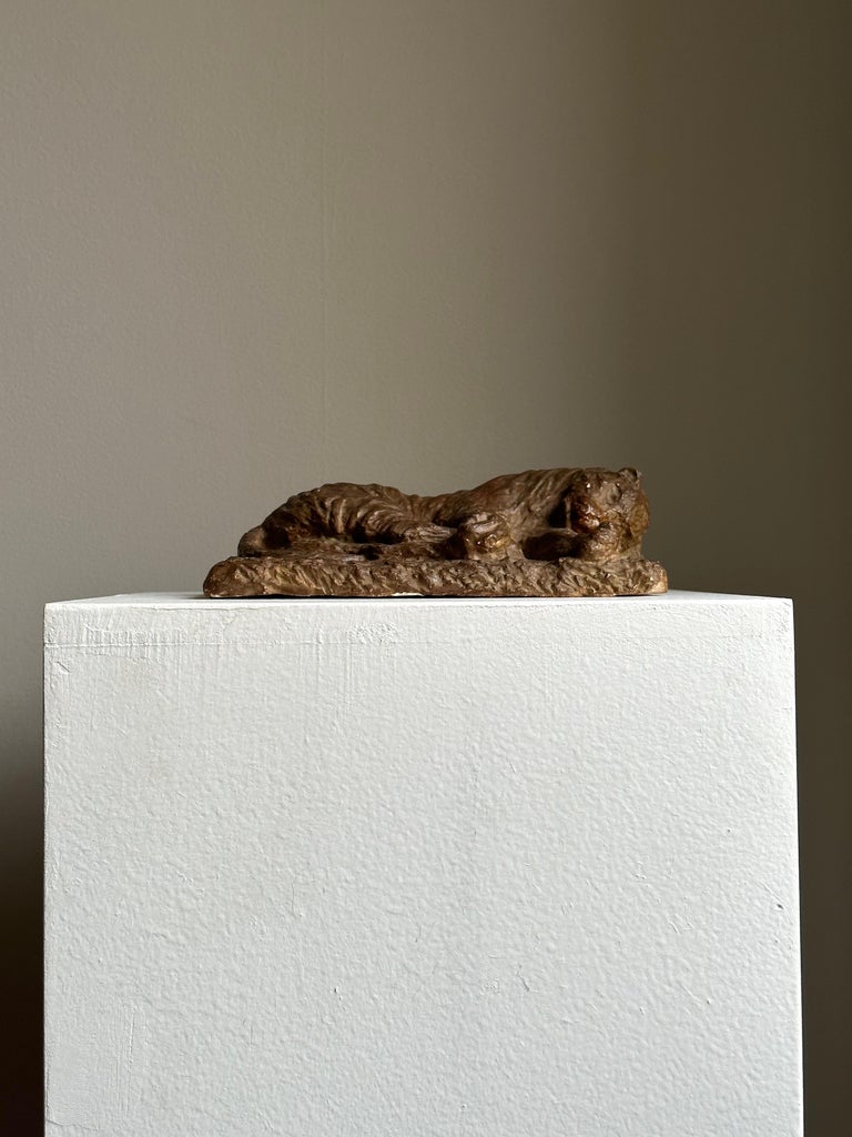 Patinated Plaster Sculpture of Resting Tiger, Signed Frisendahl, Paris ...