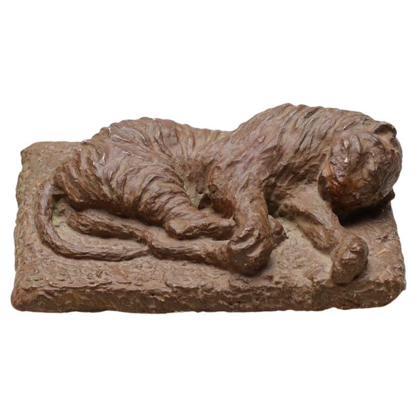 Patinated Plaster Sculpture of Resting Tiger, Signed Frisendahl, Paris ...