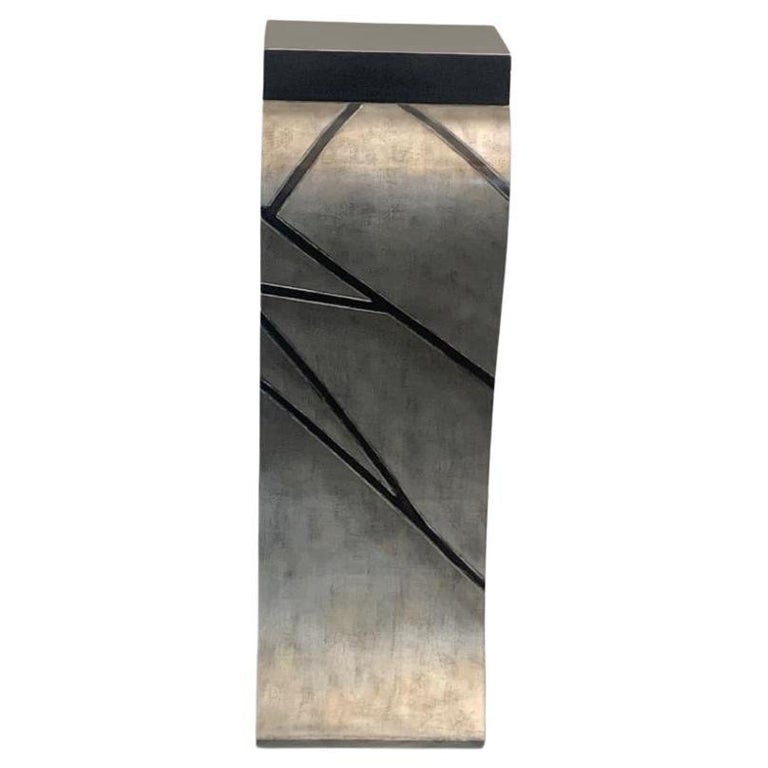 Patinated Silver Leaf Pedestal with Black Lacquered Engraved Lines For ...