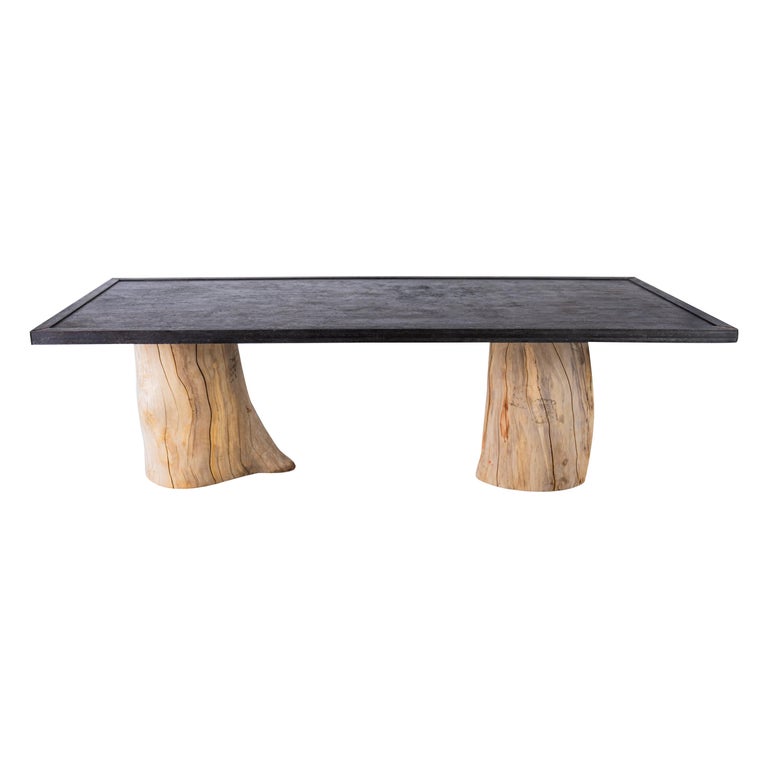 Patinated Steel Dining Table, with a Double Stem Farm Oak Base at 1stDibs
