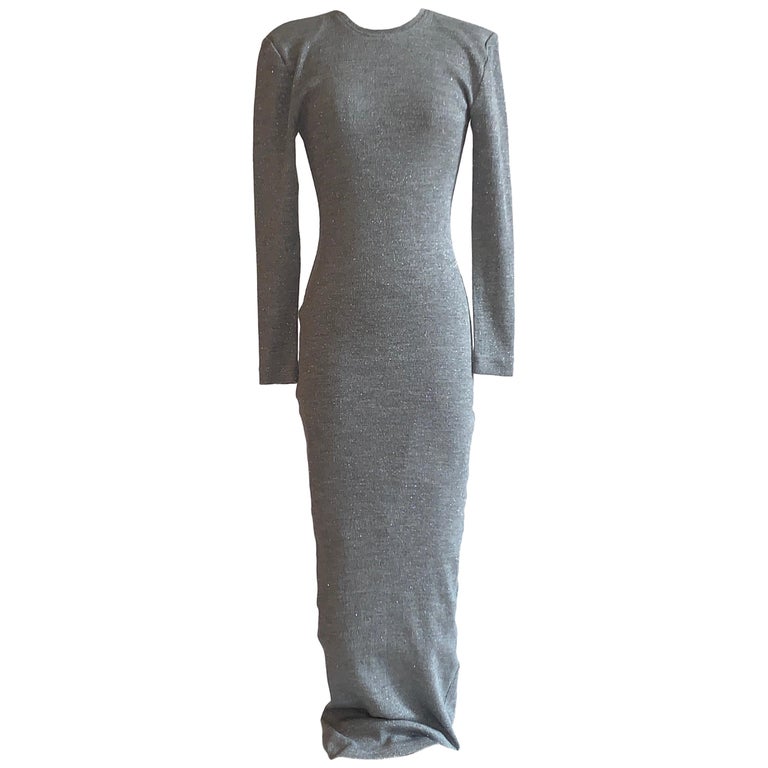Patrick Kelly 1980s Silver Grey Metallic Bodycon Knit Maxi Dress at 1stDibs