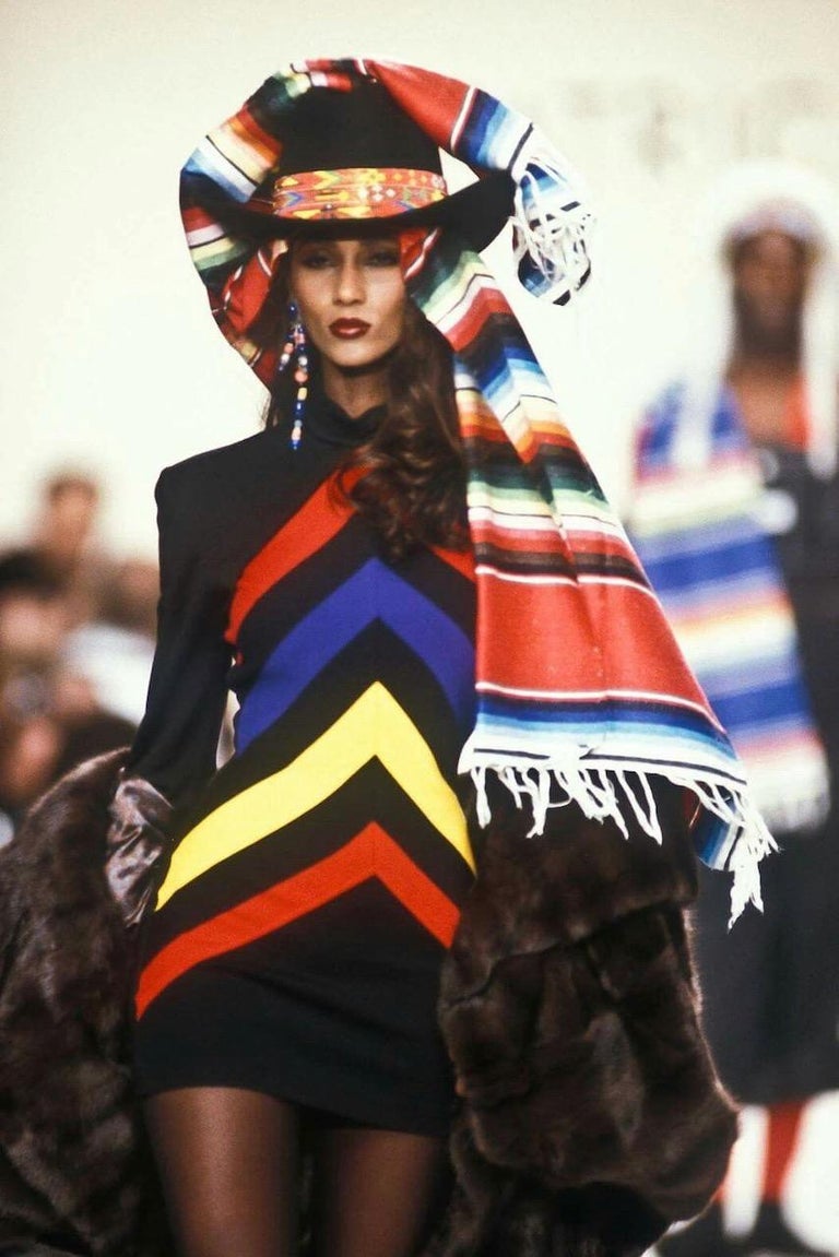 PATRICK KELLY Black Wool Knit Dress with Striped Color Block Sash, Fall ...