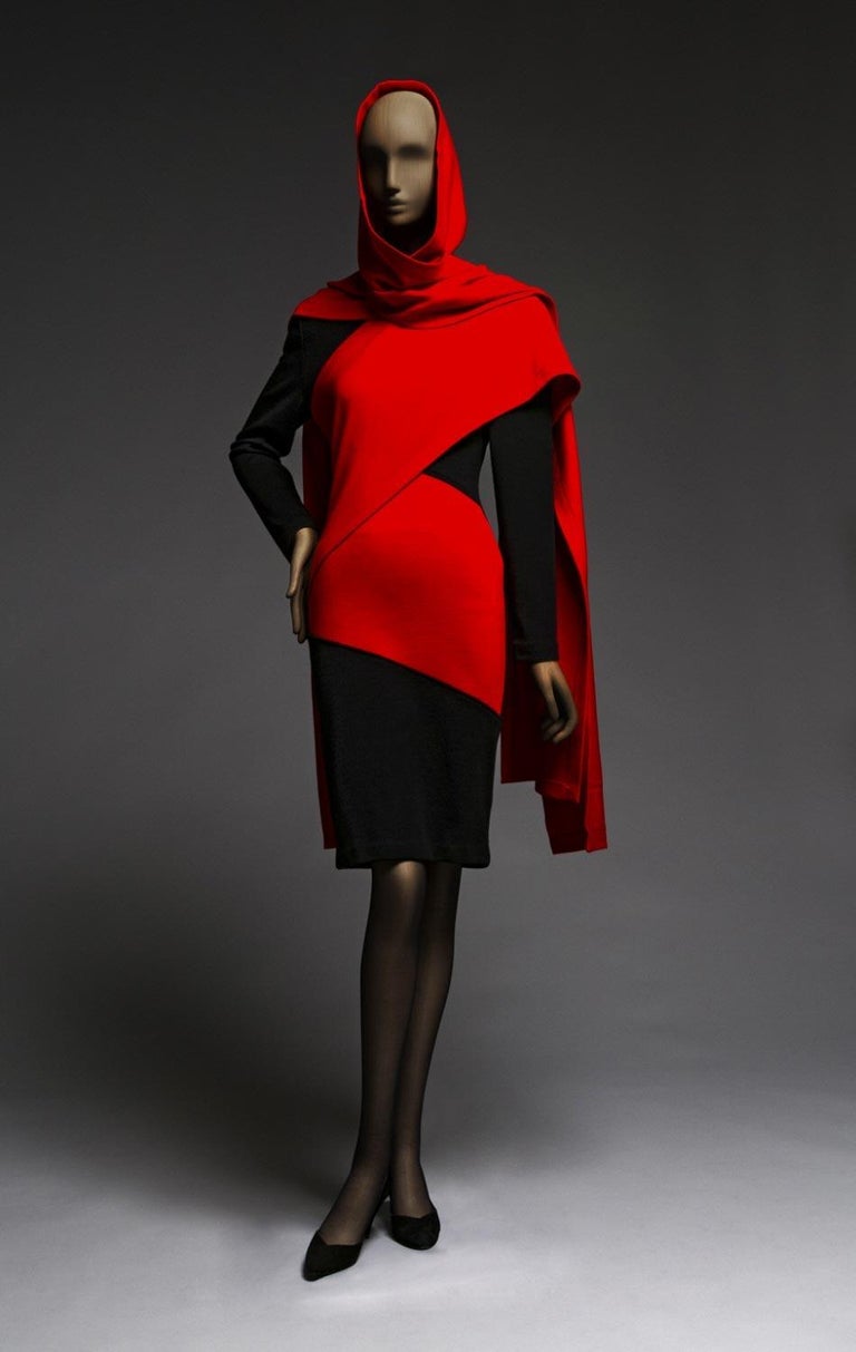 PATRICK KELLY Black Wool Knit Dress with Striped Color Block Sash, Fall ...