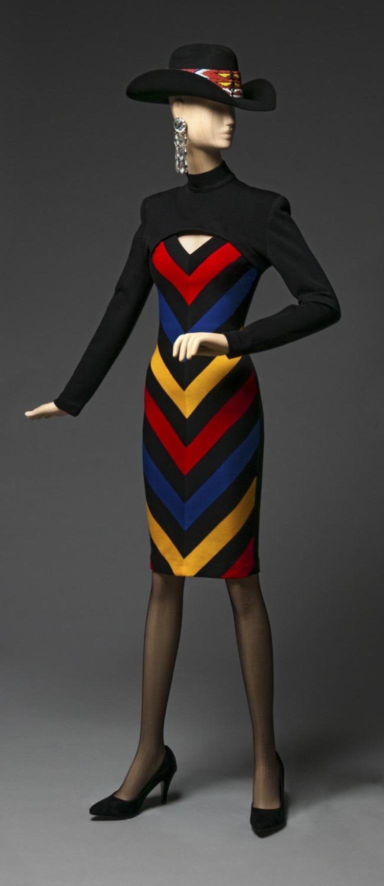 PATRICK KELLY Black Wool Knit Dress with Striped Color Block Sash, Fall ...