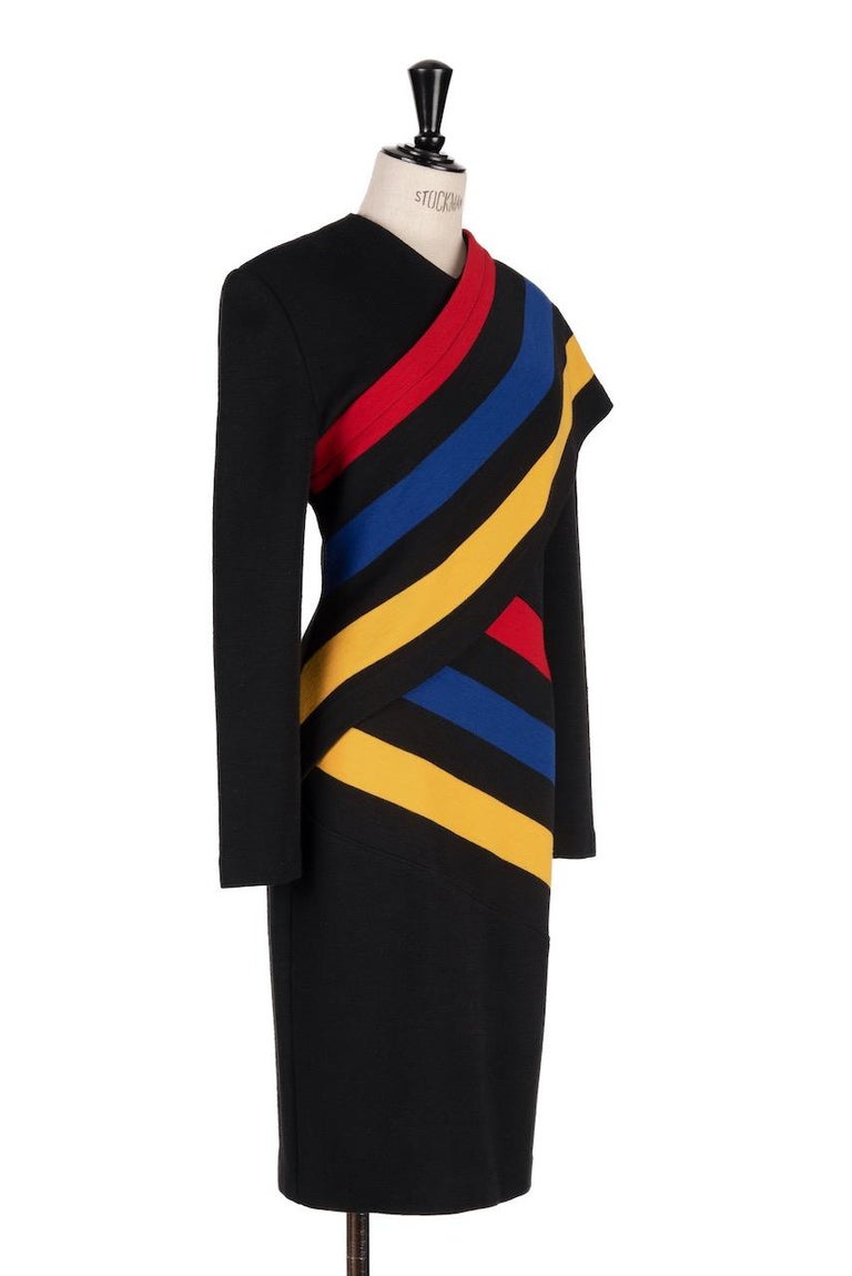 PATRICK KELLY Black Wool Knit Dress with Striped Color Block Sash, Fall ...