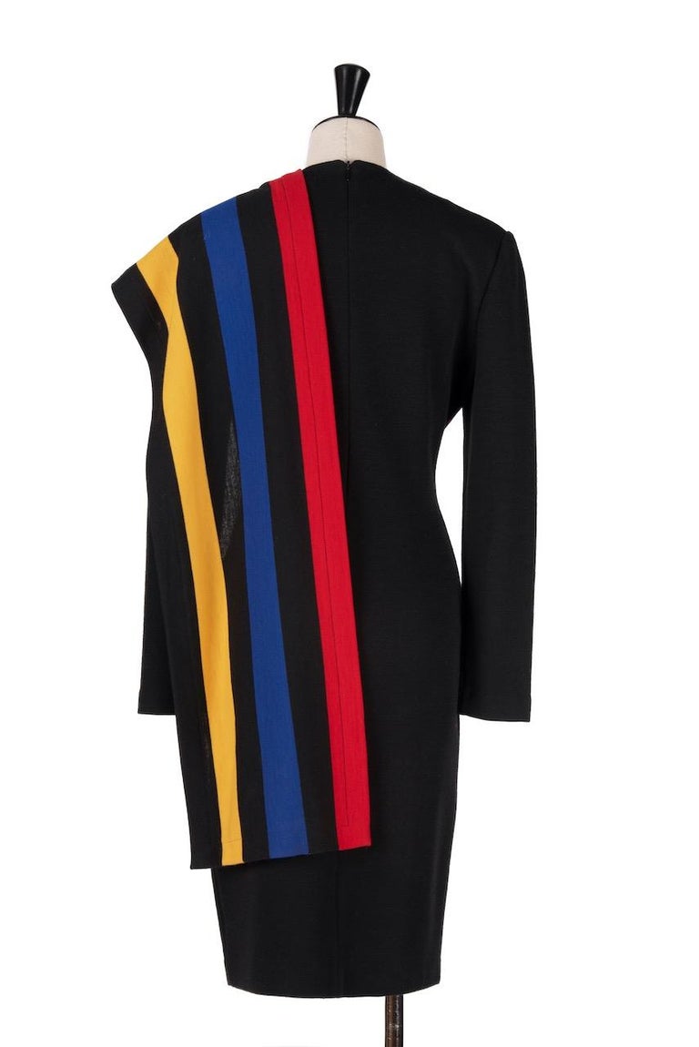 PATRICK KELLY Black Wool Knit Dress with Striped Color Block Sash, Fall ...
