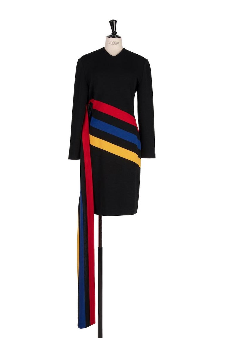 PATRICK KELLY Black Wool Knit Dress with Striped Color Block Sash, Fall ...