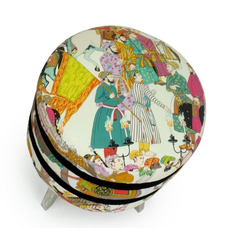 Patterned Three Layered Cushioned Ottoman Stool with Black Velvet ...