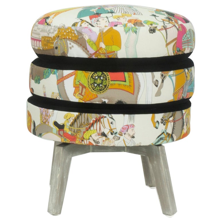 Patterned Three Layered Cushioned Ottoman Stool with Black Velvet ...