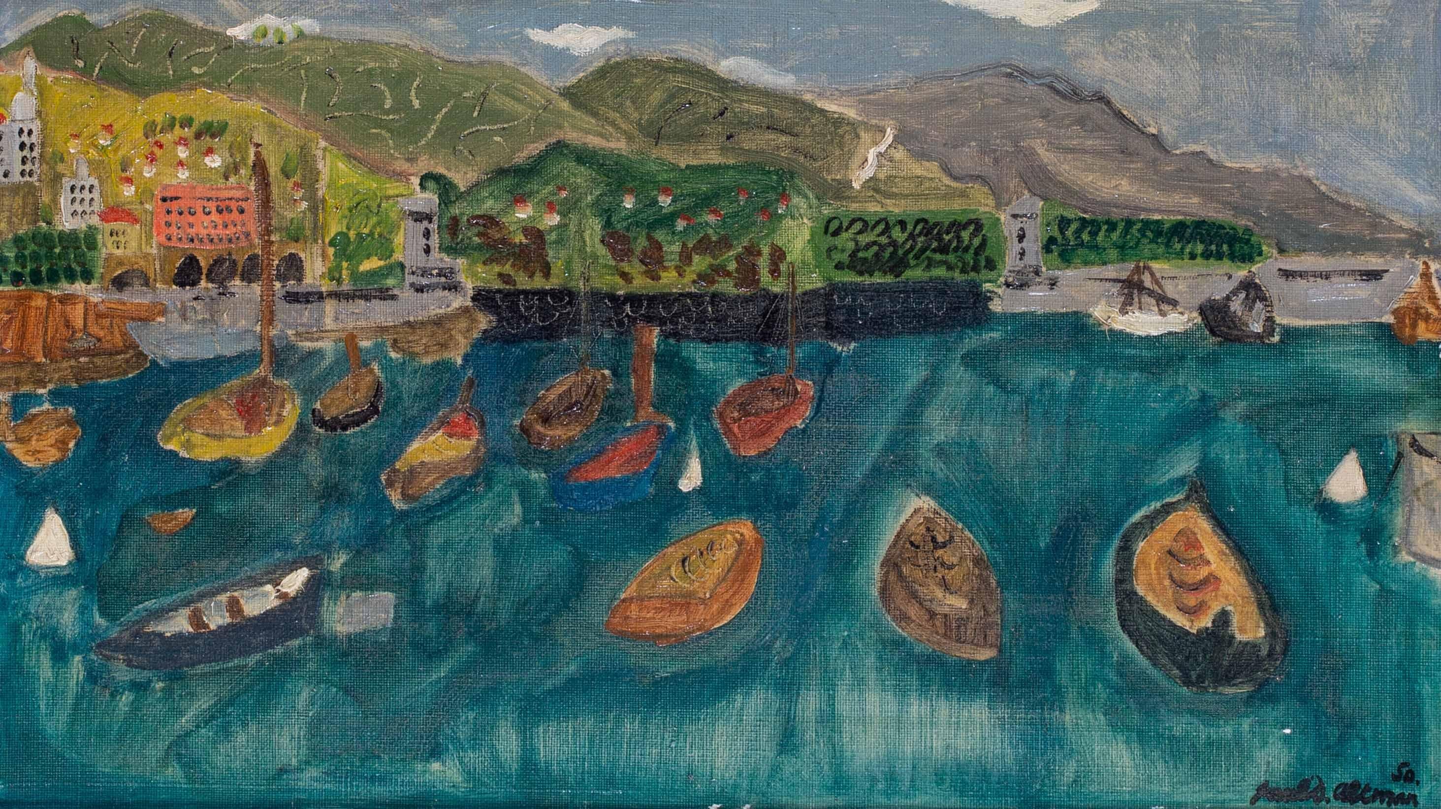 Paul Altman - 1950 naive French oil painting of a small port in the ...